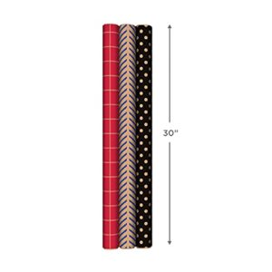 Hallmark Recyclable Wrapping Paper with Cutlines on Reverse (3 Rolls: 60 sq. ft. ttl) Red Grid, Blue Chevron, Black Dots on Kraft Brown for Birthdays, Graduations, Christmas, 0005EWR6546