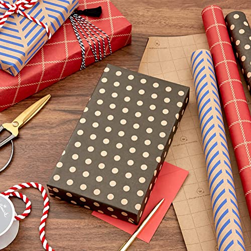 Hallmark Recyclable Wrapping Paper with Cutlines on Reverse (3 Rolls: 60 sq. ft. ttl) Red Grid, Blue Chevron, Black Dots on Kraft Brown for Birthdays, Graduations, Christmas, 0005EWR6546