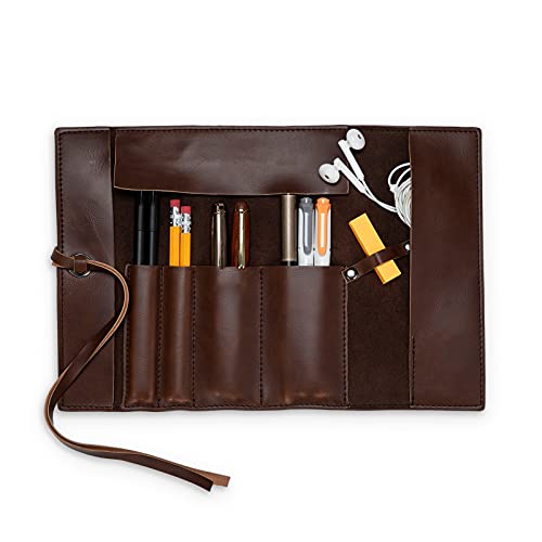 ECHSRT Leather Pencil Case Roll Up Bag Pencil Pouch Wrap Foldable Tool Roll Supplies Art Stuff Organizer Vintage Gift for Office Artist Adults, Brown