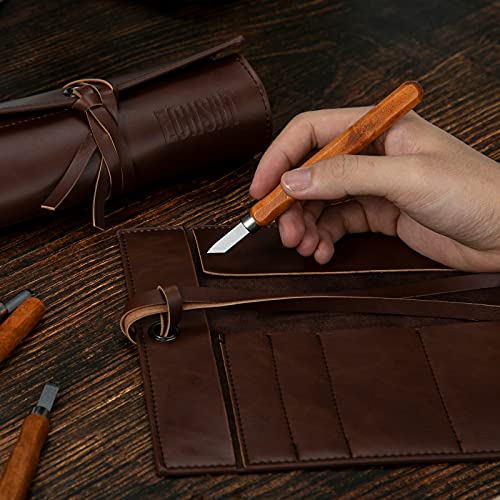 ECHSRT Leather Pencil Case Roll Up Bag Pencil Pouch Wrap Foldable Tool Roll Supplies Art Stuff Organizer Vintage Gift for Office Artist Adults, Brown