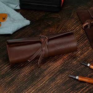 ECHSRT Leather Pencil Case Roll Up Bag Pencil Pouch Wrap Foldable Tool Roll Supplies Art Stuff Organizer Vintage Gift for Office Artist Adults, Brown