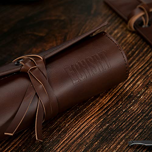 ECHSRT Leather Pencil Case Roll Up Bag Pencil Pouch Wrap Foldable Tool Roll Supplies Art Stuff Organizer Vintage Gift for Office Artist Adults, Brown