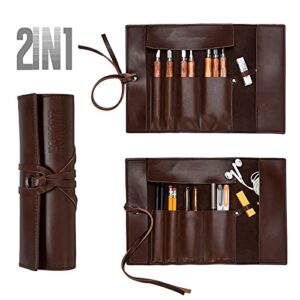 ECHSRT Leather Pencil Case Roll Up Bag Pencil Pouch Wrap Foldable Tool Roll Supplies Art Stuff Organizer Vintage Gift for Office Artist Adults, Brown