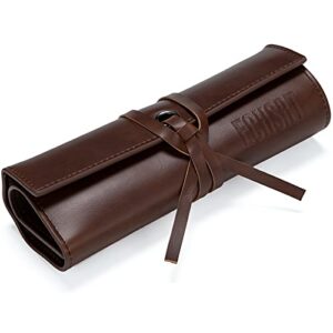 ECHSRT Leather Pencil Case Roll Up Bag Pencil Pouch Wrap Foldable Tool Roll Supplies Art Stuff Organizer Vintage Gift for Office Artist Adults, Brown