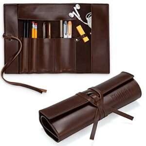 ECHSRT Leather Pencil Case Roll Up Bag Pencil Pouch Wrap Foldable Tool Roll Supplies Art Stuff Organizer Vintage Gift for Office Artist Adults, Brown