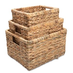 wicker baskets for storage organizing, water hyacinth storage baskets rectangular with wooden handles for shelves, natural wicker storage basket bins - set of wicker baskets for home organization