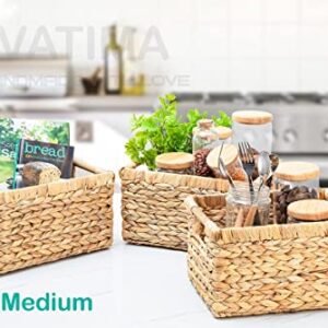 Wicker Baskets for Storage Organizing, Water Hyacinth Storage Baskets Rectangular with Wooden Handles for Shelves, Natural Wicker Storage Basket Bins - Set of Wicker Baskets for Home Organization