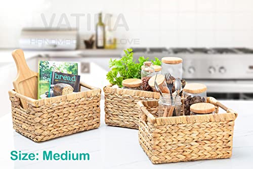 Wicker Baskets for Storage Organizing, Water Hyacinth Storage Baskets Rectangular with Wooden Handles for Shelves, Natural Wicker Storage Basket Bins - Set of Wicker Baskets for Home Organization