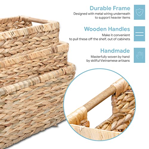 Wicker Baskets for Storage Organizing, Water Hyacinth Storage Baskets Rectangular with Wooden Handles for Shelves, Natural Wicker Storage Basket Bins - Set of Wicker Baskets for Home Organization