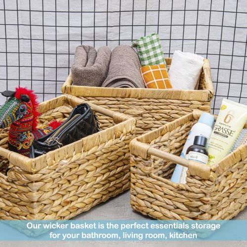 Wicker Baskets for Storage Organizing, Water Hyacinth Storage Baskets Rectangular with Wooden Handles for Shelves, Natural Wicker Storage Basket Bins - Set of Wicker Baskets for Home Organization