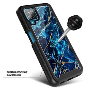 NZND Case for Samsung Galaxy A12 with [Built-in Screen Protector], Full-Body Protective Shockproof Rugged Bumper Cover, Impact Resist Durable Phone Case Cover (Marble Design Sapphire)