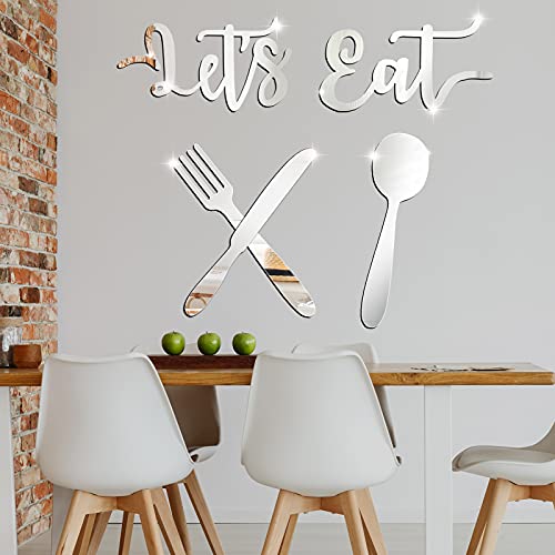 Let's Eat 3D Mirror Wall Stickers Acrylic Kitchen Wall Decals Decoration Removable Fork Spoon Knife Sign DIY for Restaurant Dining Room (Elegant Style)