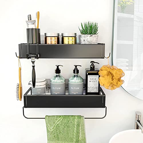 ROSEYAT Shower Caddy Shelf with Towel Bar, Adhesive Shampoo Holder with Hook, Shower Rack Basket Organizer for Bathroom, 2-in-1 Bathroom Shelf Kitchen Spice Organizer, 2-Pack Black