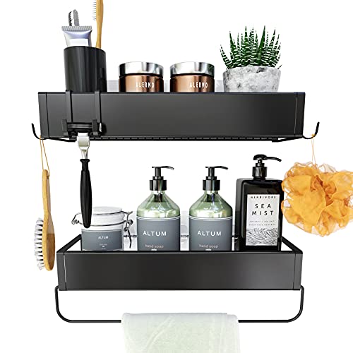 ROSEYAT Shower Caddy Shelf with Towel Bar, Adhesive Shampoo Holder with Hook, Shower Rack Basket Organizer for Bathroom, 2-in-1 Bathroom Shelf Kitchen Spice Organizer, 2-Pack Black