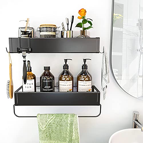 ROSEYAT Shower Caddy Shelf with Towel Bar, Adhesive Shampoo Holder with Hook, Shower Rack Basket Organizer for Bathroom, 2-in-1 Bathroom Shelf Kitchen Spice Organizer, 2-Pack Black