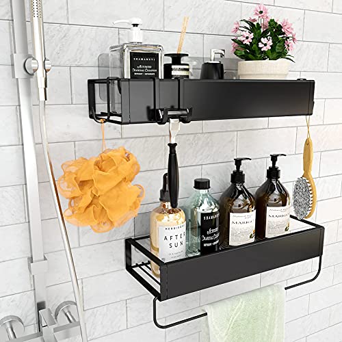 ROSEYAT Shower Caddy Shelf with Towel Bar, Adhesive Shampoo Holder with Hook, Shower Rack Basket Organizer for Bathroom, 2-in-1 Bathroom Shelf Kitchen Spice Organizer, 2-Pack Black