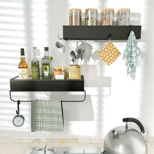 ROSEYAT Shower Caddy Shelf with Towel Bar, Adhesive Shampoo Holder with Hook, Shower Rack Basket Organizer for Bathroom, 2-in-1 Bathroom Shelf Kitchen Spice Organizer, 2-Pack Black