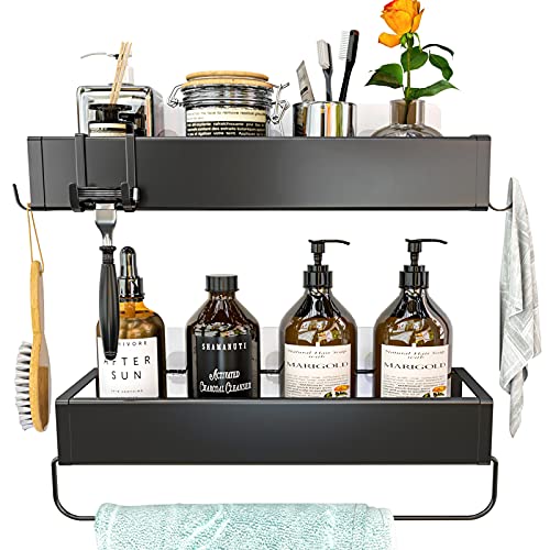 ROSEYAT Shower Caddy Shelf with Towel Bar, Adhesive Shampoo Holder with Hook, Shower Rack Basket Organizer for Bathroom, 2-in-1 Bathroom Shelf Kitchen Spice Organizer, 2-Pack Black