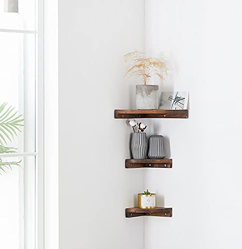 Lawei Set of 3 Wood Corner Shelf Wall Mount, Solid Wood Floating Corner Shelves Wall Hanging Corner Shelves for Display of Books, Small Plant, Photos, Wall Decor