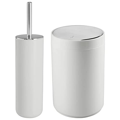 mDesign Modern Slim Profile Compact Freestanding Plastic Toilet Bowl Brush and Round Wastebasket Garbage Can Combo for Bathroom Storage - Sturdy, Deep Cleaning - Set of 2 - Light Gray/Chrome