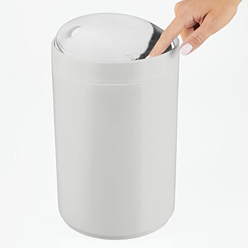 mDesign Modern Slim Profile Compact Freestanding Plastic Toilet Bowl Brush and Round Wastebasket Garbage Can Combo for Bathroom Storage - Sturdy, Deep Cleaning - Set of 2 - Light Gray/Chrome