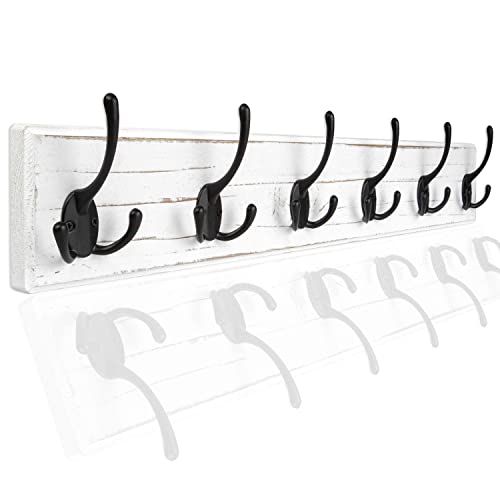 Ilyapa Coat Rack Wall Mount with Triple Hooks - 27 Inch Wood Wall Mount Coat Rack with Hooks, 6 Metal Three Pronged Tri-Hooks - for Hats, Coats, Kitchen, Bedroom, and More - White Finish