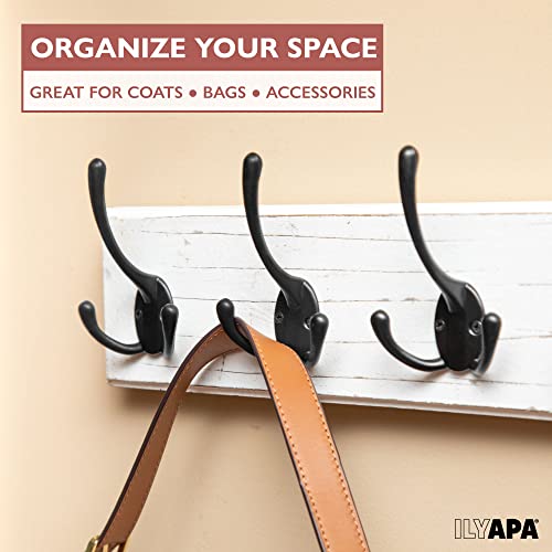 Ilyapa Coat Rack Wall Mount with Triple Hooks - 27 Inch Wood Wall Mount Coat Rack with Hooks, 6 Metal Three Pronged Tri-Hooks - for Hats, Coats, Kitchen, Bedroom, and More - White Finish