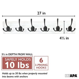 Ilyapa Coat Rack Wall Mount with Triple Hooks - 27 Inch Wood Wall Mount Coat Rack with Hooks, 6 Metal Three Pronged Tri-Hooks - for Hats, Coats, Kitchen, Bedroom, and More - White Finish