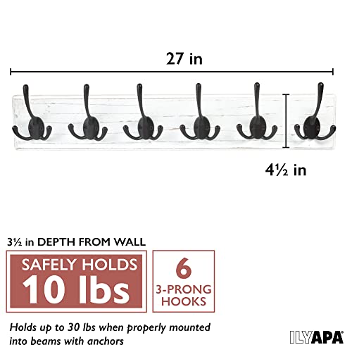 Ilyapa Coat Rack Wall Mount with Triple Hooks - 27 Inch Wood Wall Mount Coat Rack with Hooks, 6 Metal Three Pronged Tri-Hooks - for Hats, Coats, Kitchen, Bedroom, and More - White Finish