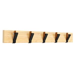 gogocool bamboo wall mounted coat hooks hanger, 20kg maximum bearing, black foldable hook type, natural wall coat hanger, 70mm space between hook and hook(5 hooks)