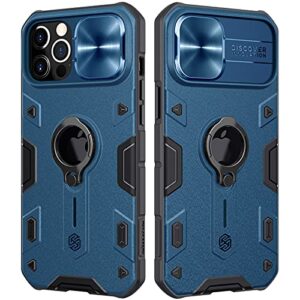 cloudvalley for iphone 12 pro max case with camera cover & kickstand, slide lens protection + 360° rotate ring stand, impact-resistant, shockproof, protective bumper, blue armor style