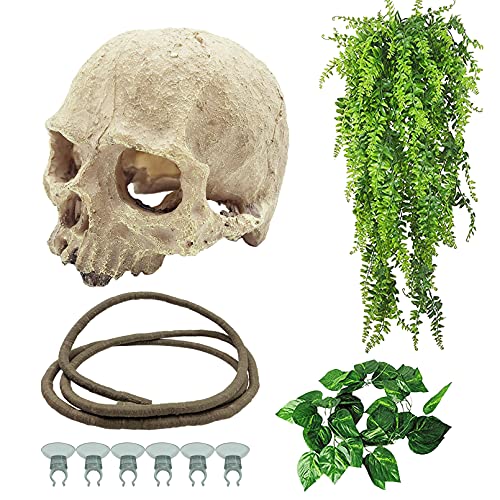 Tfwadmx Reptiles Skull Hide Decorations Bearded Dragon Tank Accessories Terrarium Ornament Gecko Hideouts Cave Snake Habitat Jungle Climber Bendable Vines Leaves for Lizards,Chameleon,Spider (4 Pcs)