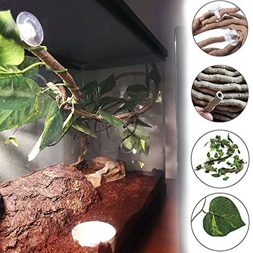 Tfwadmx Reptiles Skull Hide Decorations Bearded Dragon Tank Accessories Terrarium Ornament Gecko Hideouts Cave Snake Habitat Jungle Climber Bendable Vines Leaves for Lizards,Chameleon,Spider (4 Pcs)