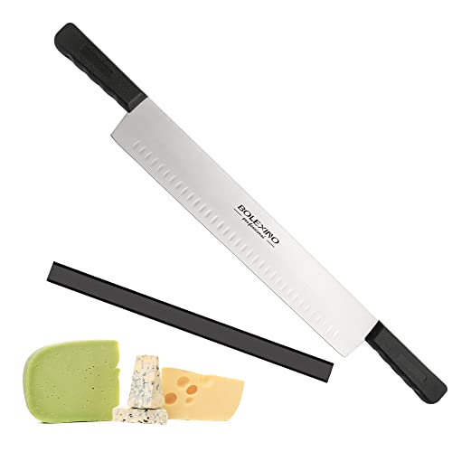 BOLEXINO 15 Inch Double Handle Cheese Knife for Charcuterie, High Carbon Stainless Steel Blade With 5" Black Plastic Handles Use for Cheese, Cakes, Vegetables, Soaps