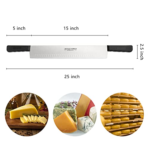 BOLEXINO 15 Inch Double Handle Cheese Knife for Charcuterie, High Carbon Stainless Steel Blade With 5" Black Plastic Handles Use for Cheese, Cakes, Vegetables, Soaps