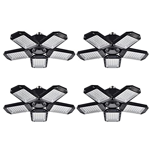 Mefflypee 4 Pack LED Garage Lights, 120W Deformable LED Garage Ceiling Lights with 5 Adjustable Panels, 12000LM E26 LED Shop Lights for Garage, Basement, Barn, High Bay Light (4 Pack)