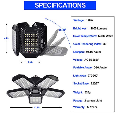 Mefflypee 4 Pack LED Garage Lights, 120W Deformable LED Garage Ceiling Lights with 5 Adjustable Panels, 12000LM E26 LED Shop Lights for Garage, Basement, Barn, High Bay Light (4 Pack)