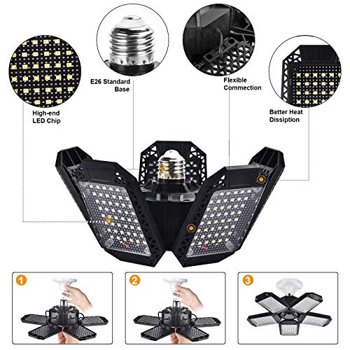 Mefflypee 4 Pack LED Garage Lights, 120W Deformable LED Garage Ceiling Lights with 5 Adjustable Panels, 12000LM E26 LED Shop Lights for Garage, Basement, Barn, High Bay Light (4 Pack)