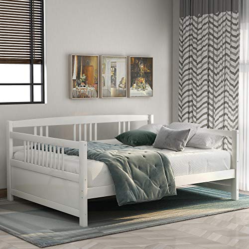 Merax Wood Daybed Bed Frame No Box Spring Needed, Dual-Use Sturdy Sofa for Bedroom or Living Room Platform, Full, White