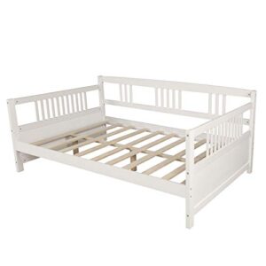 Merax Wood Daybed Bed Frame No Box Spring Needed, Dual-Use Sturdy Sofa for Bedroom or Living Room Platform, Full, White