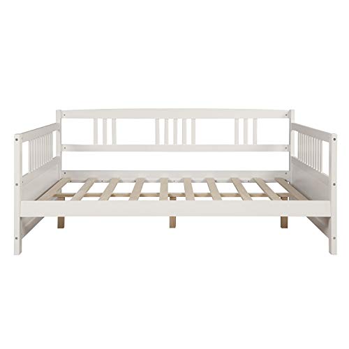 Merax Wood Daybed Bed Frame No Box Spring Needed, Dual-Use Sturdy Sofa for Bedroom or Living Room Platform, Full, White