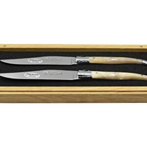 Laguiole en Aubrac Luxury Fully Forged Full Tang Stainless Steel Steak Knives 2-Piece Set with Solid Horn Handle, Stainless Steel Shiny Bolsters