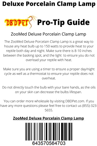 8.5" Reptile Deluxe Porcelain Clamp Lamp 150w Maximum - Includes Attached DBDPet Pro-Tip Guide