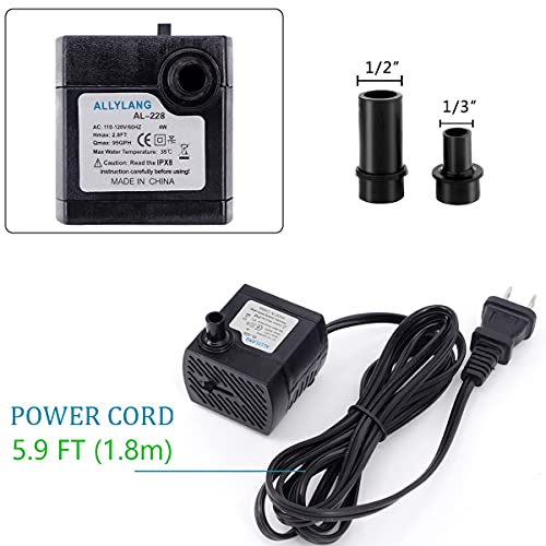 ALLYLANG Mini Aquarium pump, super quiet submersible pump (95GPH4W) for aquarium tanks, water gardens, hydroponic systems, desktop fountains and pet fountains