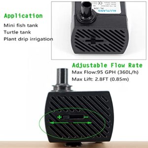 ALLYLANG Mini Aquarium pump, super quiet submersible pump (95GPH4W) for aquarium tanks, water gardens, hydroponic systems, desktop fountains and pet fountains