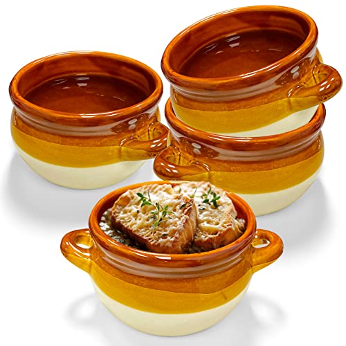 Stock Your Home 16 oz French Onion Soup Crock (4 Pack) - Two Tone Brown & Ivory Porcelain Soup Bowls with Handles -Microwave and Dishwasher Safe Crocks