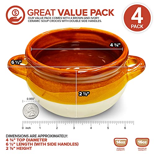 Stock Your Home 16 oz French Onion Soup Crock (4 Pack) - Two Tone Brown & Ivory Porcelain Soup Bowls with Handles -Microwave and Dishwasher Safe Crocks