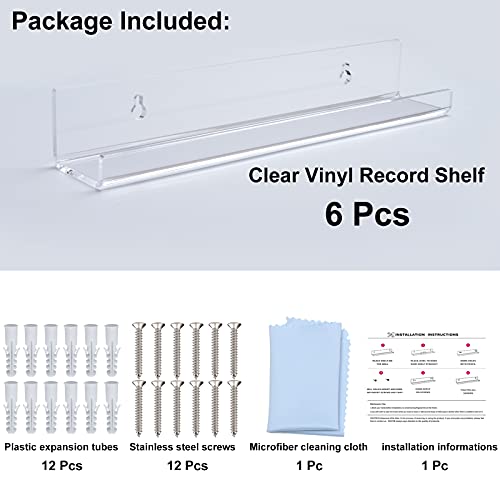 XOHYW Clear LP Vinyl Record Wall Mount Shelf, 6 Pack 12 inch Acrylic Album Record Holder Display Rack, Floating Shelves Perfect for Style Office Home