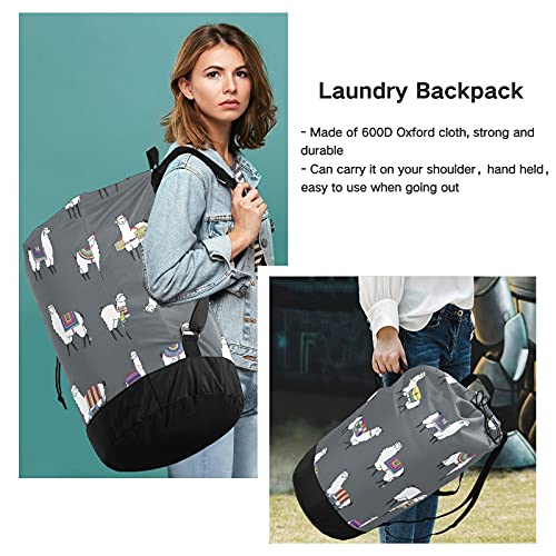 xigua Llama Laundry Backpack with Shoulder Straps Portable Drawstring Closure Nylon Laundry Hamper Bag for College, Laundromat, Apartment