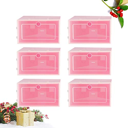 Cabilock 6pcs Transparent Pink Shoe Box Stackable Foldable Storage Shoe Box Clear Plastic Shoe Boxes Dust Proof Shoes Boxes for Home Room Sneakers High Heels Slippers